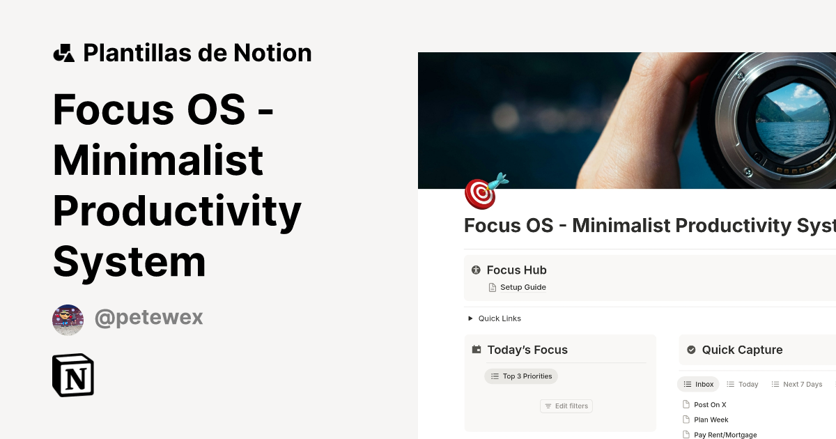 Plantilla Focus OS - Minimalist Productivity System de Peter Wechsler | Notion Marketplace