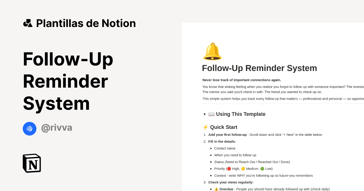 Plantilla Follow-Up Reminder System | Notion Marketplace