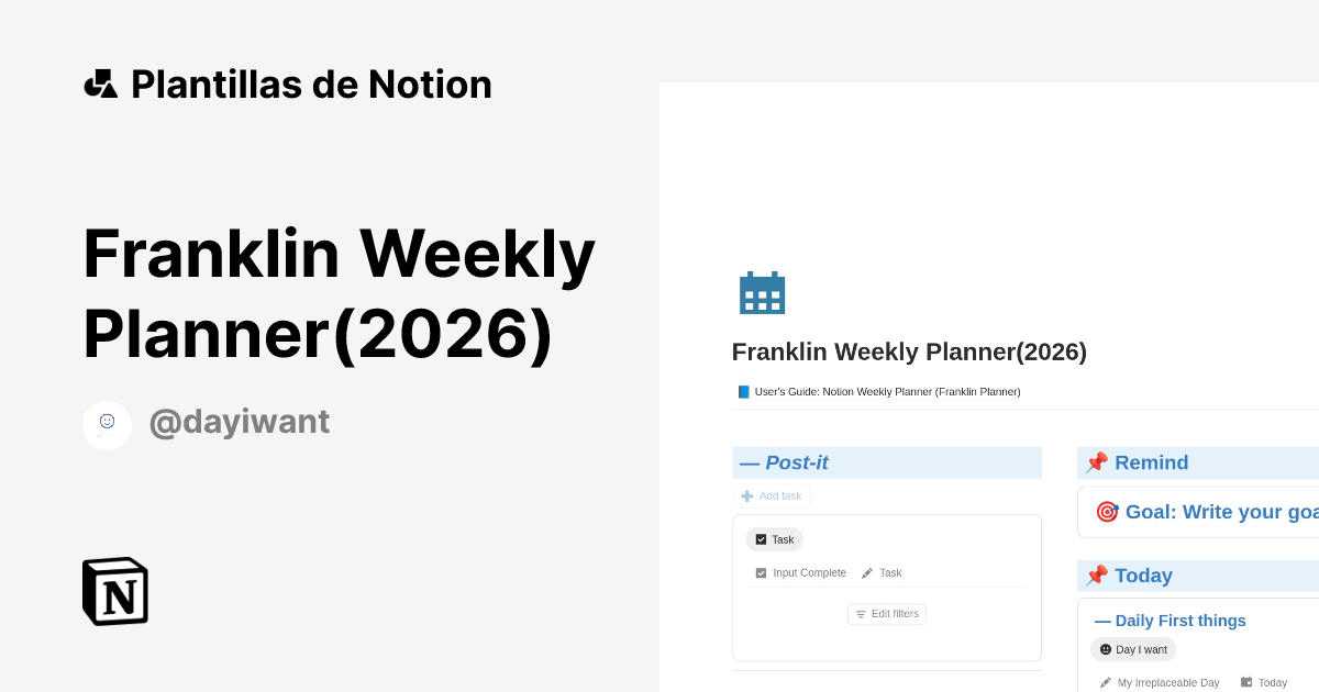 Plantilla Franklin Weekly Planner(2026) | Notion Marketplace