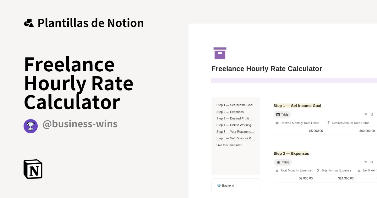 Plantilla Freelance Hourly Rate Calculator de Business Wins | Notion ...