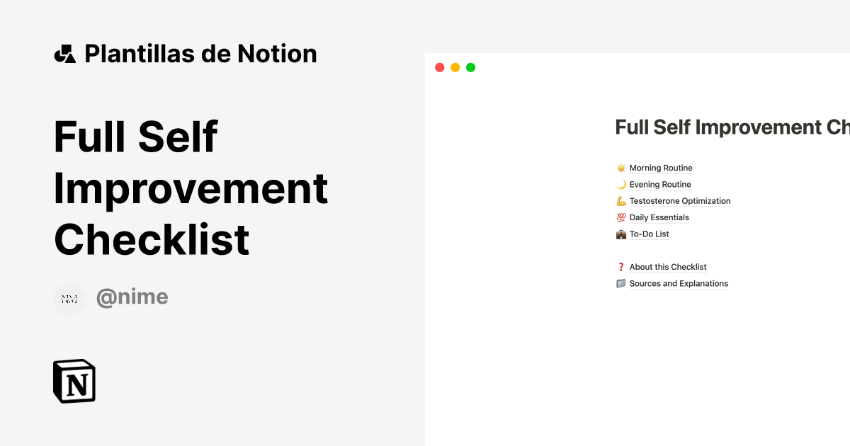 Plantilla Full Self Improvement Checklist de Nico M | Notion Marketplace