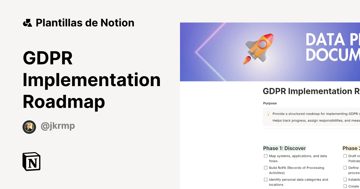 Plantilla GDPR Implementation Roadmap de Julie A. K. | Notion Marketplace