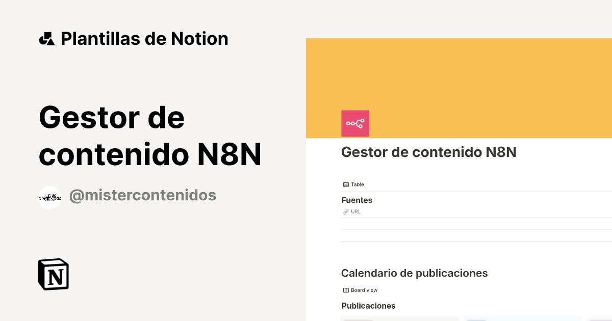 Plantilla Gestor de contenido N8N de Mister Contenidos | Notion Marketplace