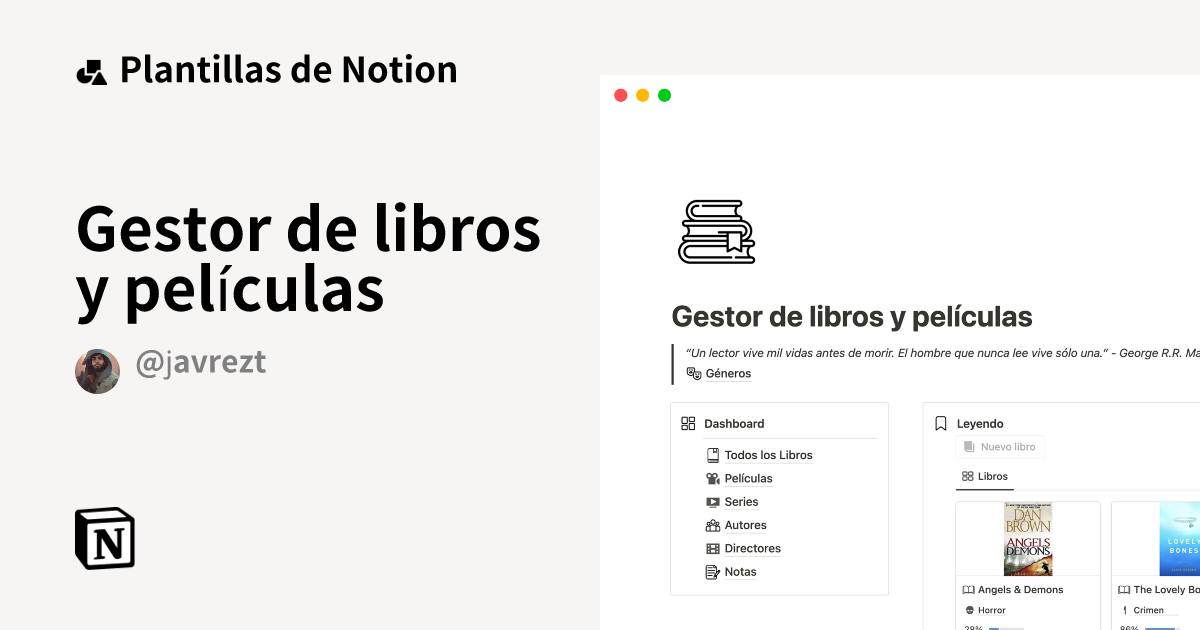 Plantilla Gestor de libros y películas de Javier Alvarez | Notion Marketplace
