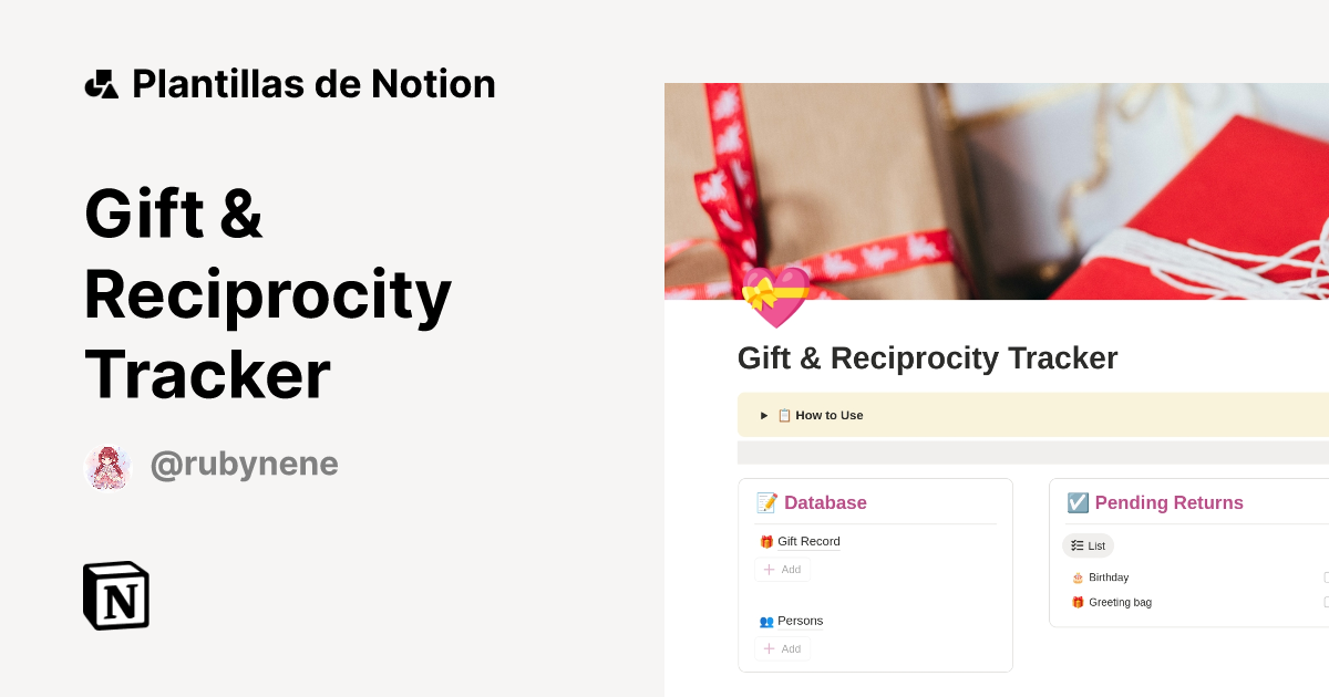 Plantilla Gift & Reciprocity Tracker de Ruby Nathan | Notion Marketplace