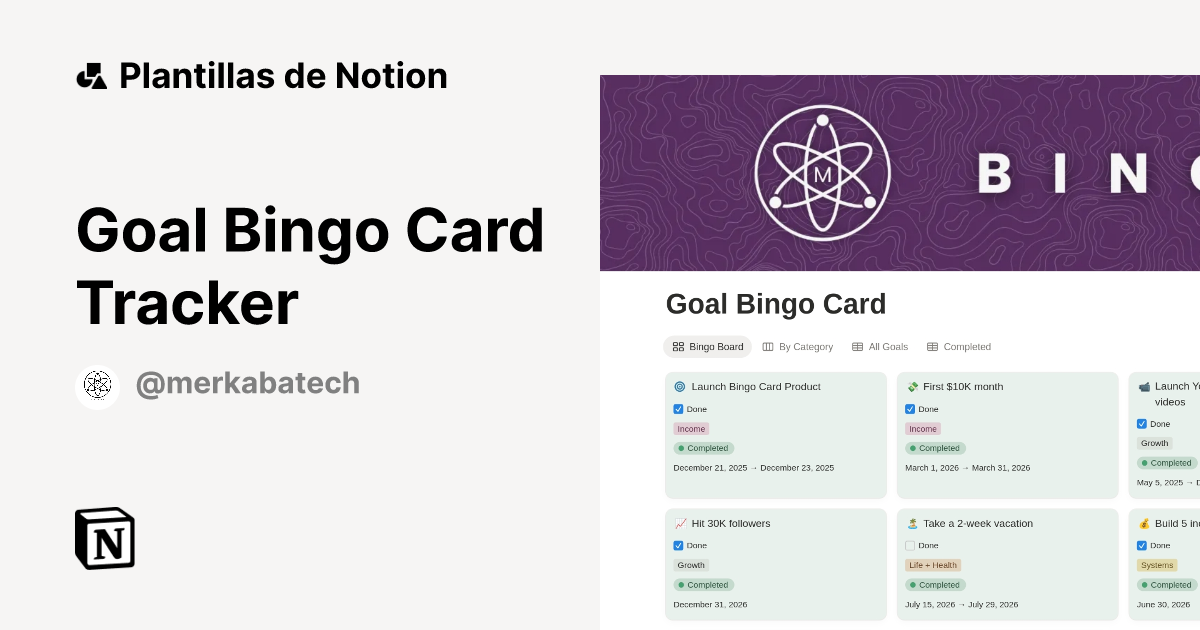 Plantilla Goal Bingo Card Tracker de Merkaba Tech | Notion Marketplace
