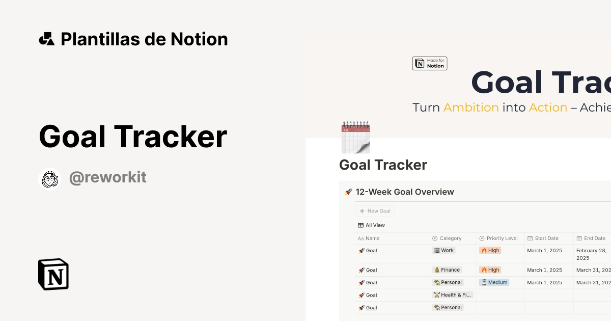 Plantilla Goal Tracker de Reworkit | Notion Marketplace