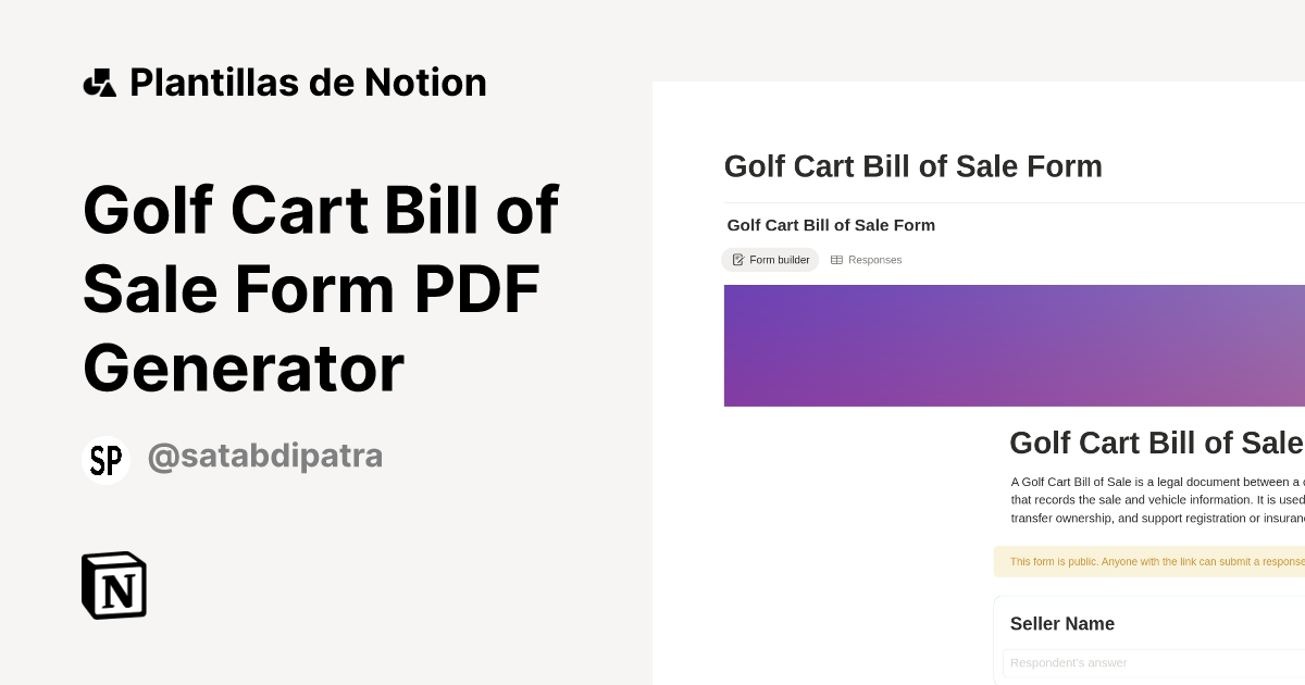 Plantilla Golf Cart Bill of Sale Form PDF Generator de Satabdi Patra ...