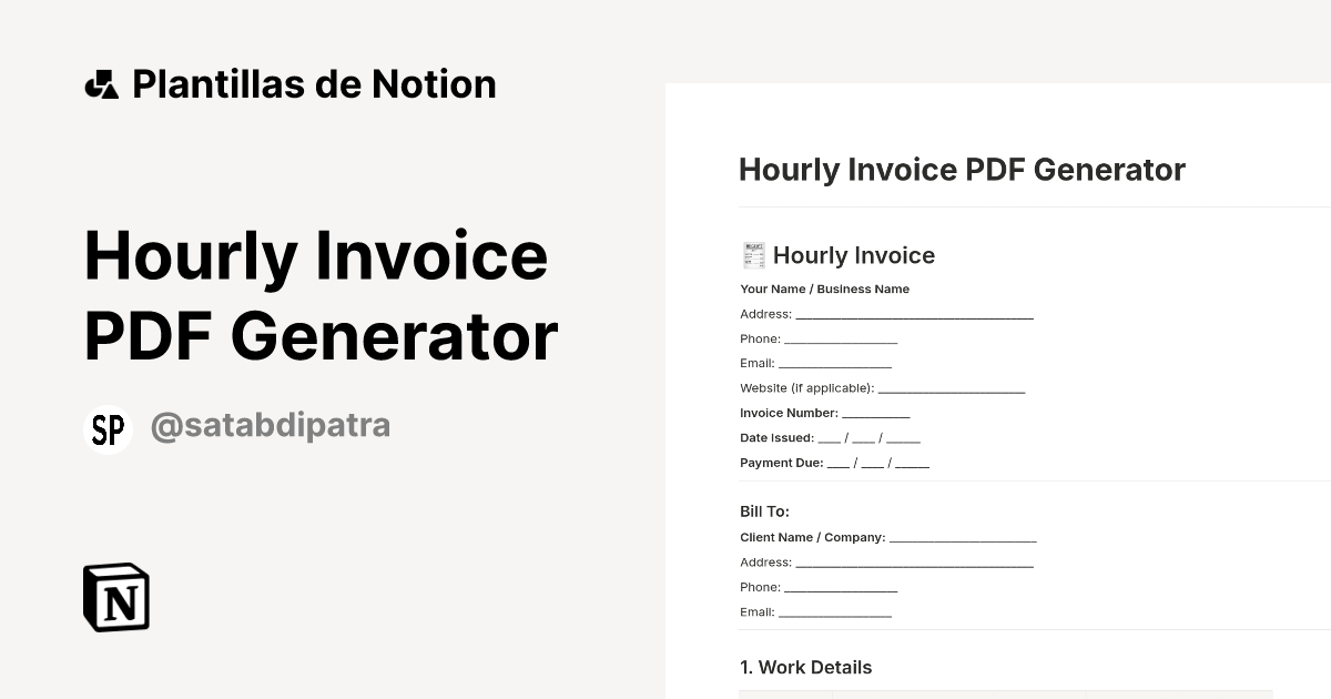 Plantilla Hourly Invoice PDF Generator de Satabdi Patra | Notion ...