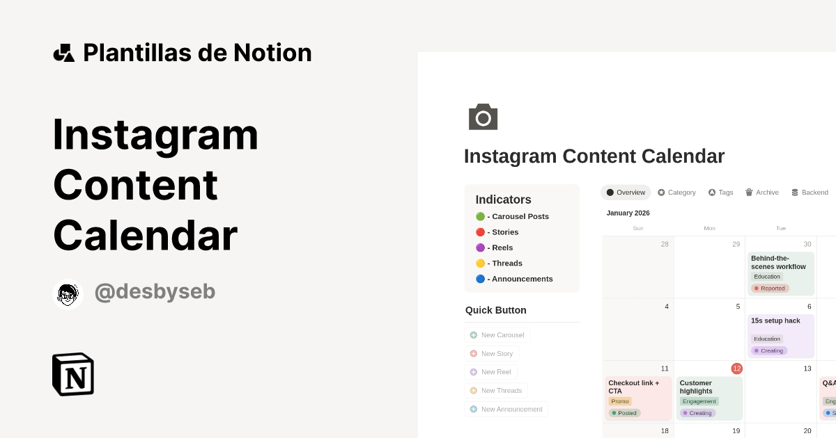 Plantilla Instagram Content Calendar | Notion Marketplace