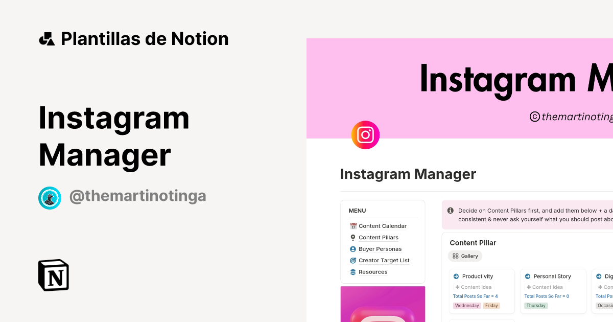 Plantilla Instagram Manager | Notion Marketplace