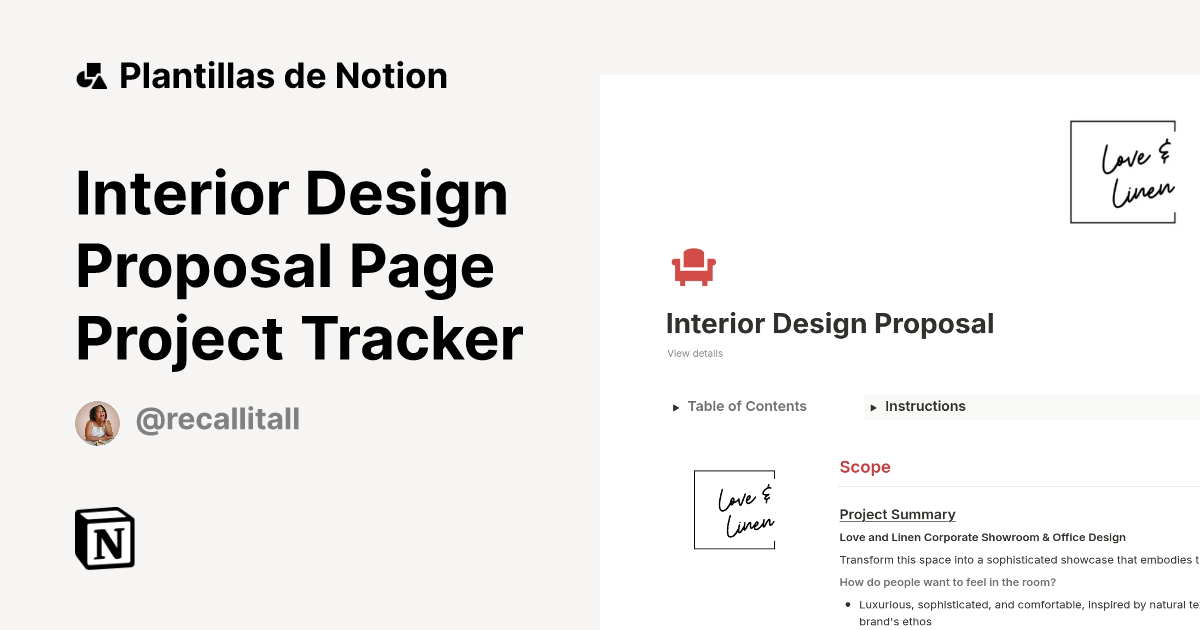 Plantilla Interior Design Proposal Page Project Tracker | Notion Marketplace