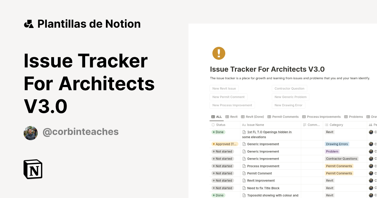 Plantilla Issue Tracker For Architects V3.0 | Notion Marketplace
