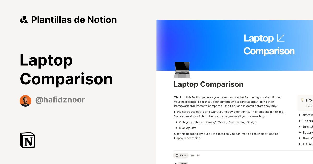 Plantilla Laptop Comparison | Notion Marketplace