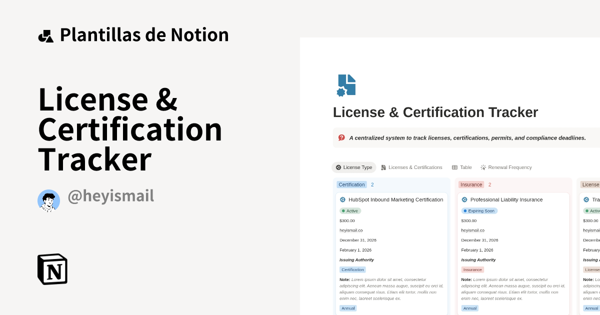 Plantilla License & Certification Tracker de heyismail | Notion Marketplace