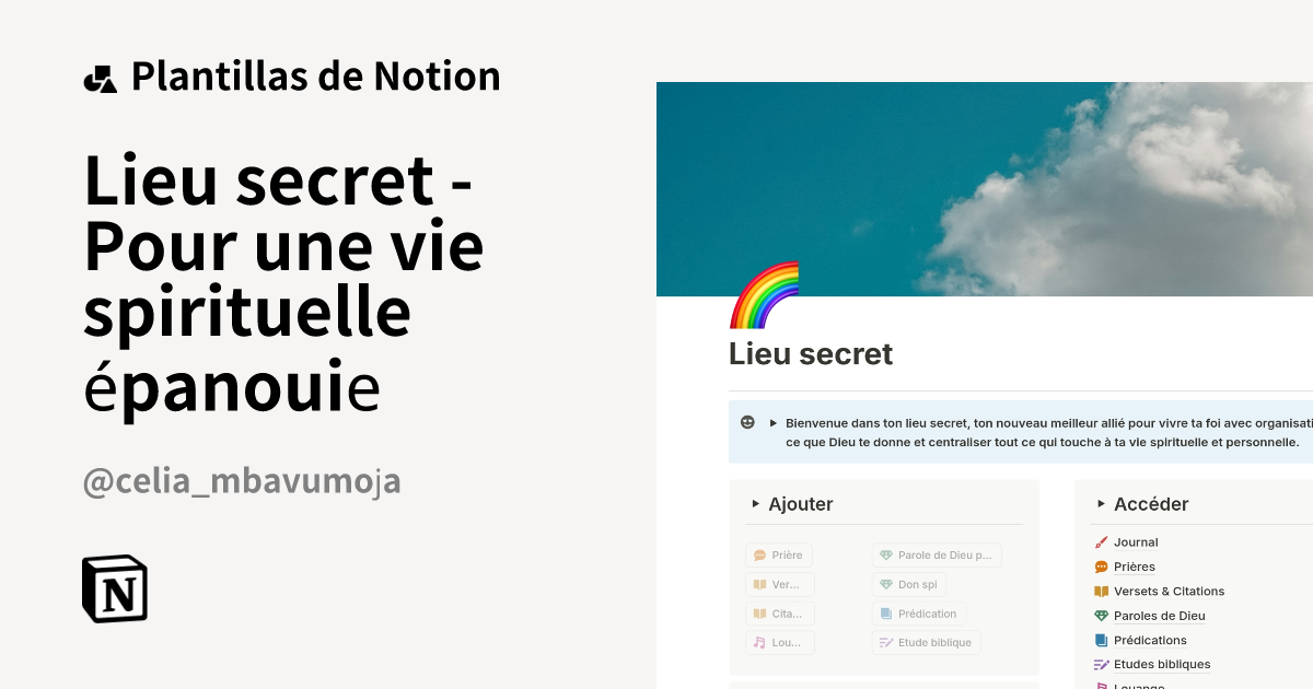 Plantilla Lieu secret - Pour une vie spirituelle épanouie | Notion Marketplace