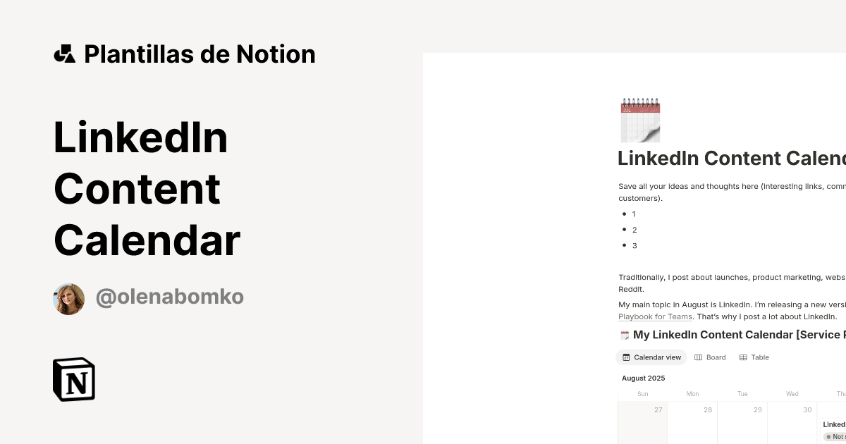 Plantilla LinkedIn Content Calendar | Notion Marketplace