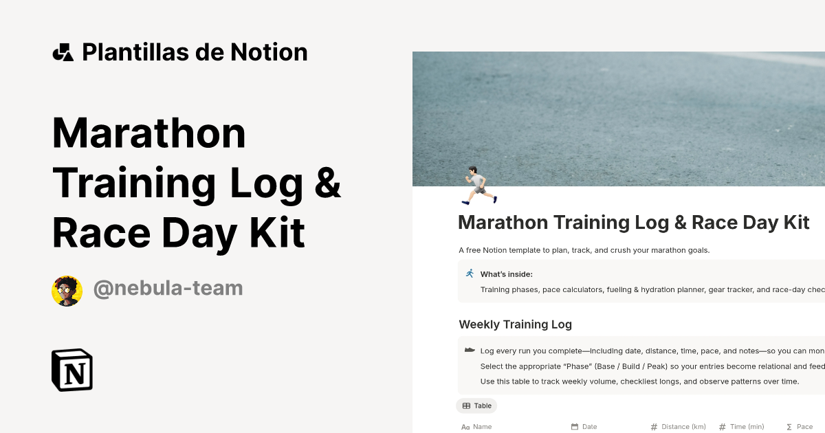 Plantilla Marathon Training Log & Race Day Kit de Nebula | Notion ...