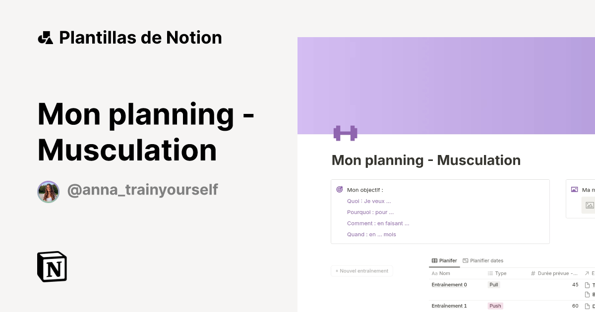 Plantilla Mon planning - Musculation de Train Yourself | Notion Marketplace