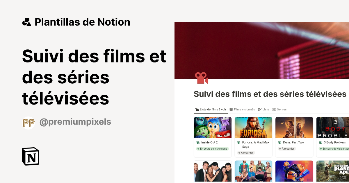 Plantilla Suivi des films et des séries télévisées de Premium Pixels | Notion Marketplace
