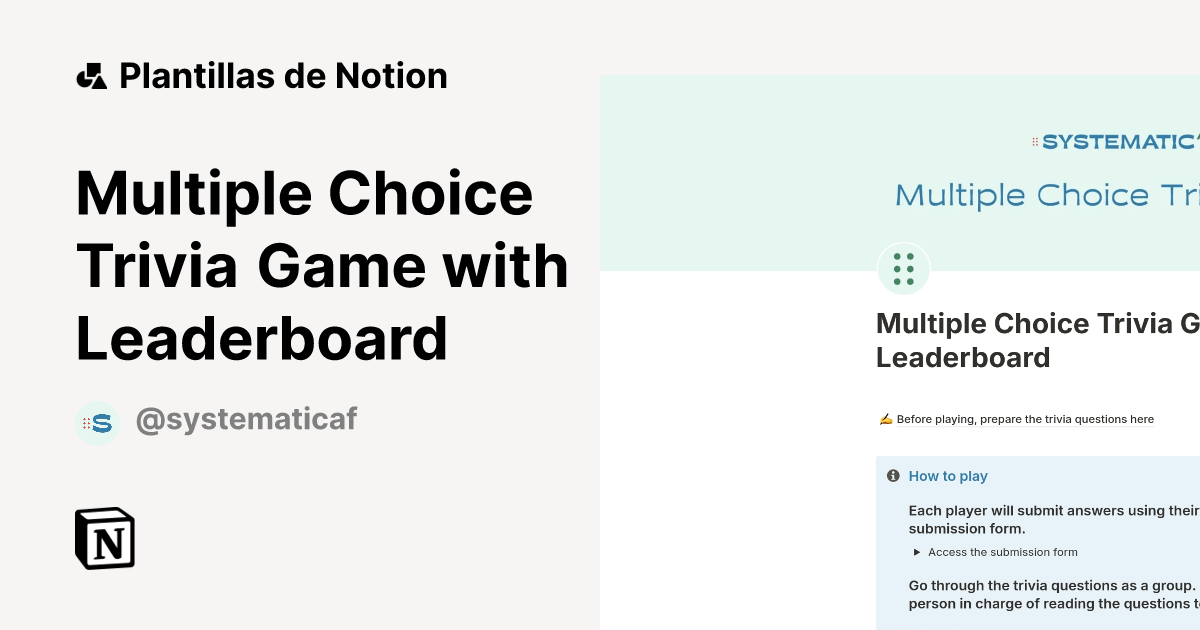 Plantilla Multiple Choice Trivia Game with Leaderboard de SystematicAF | Notion Marketplace