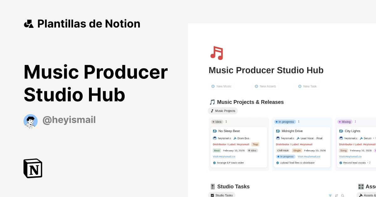 Plantilla Music Producer Studio Hub | Notion Marketplace