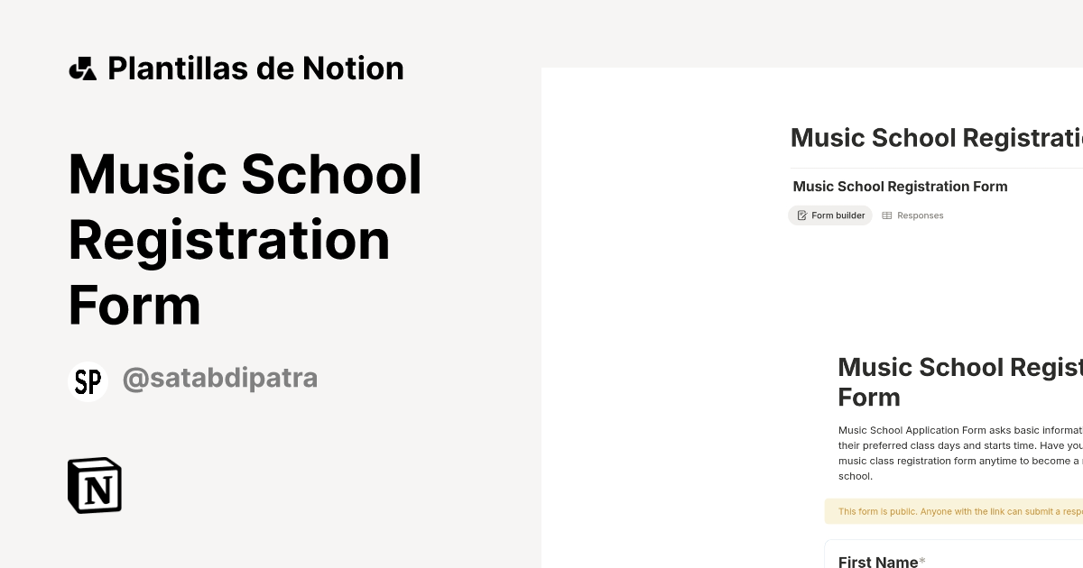 Plantilla Music School Registration Form | Notion Marketplace