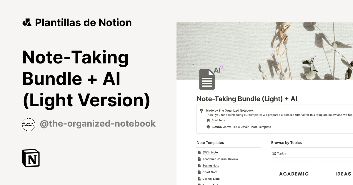 Plantilla Note-Taking Bundle + AI (Light Version) de The Organized ...