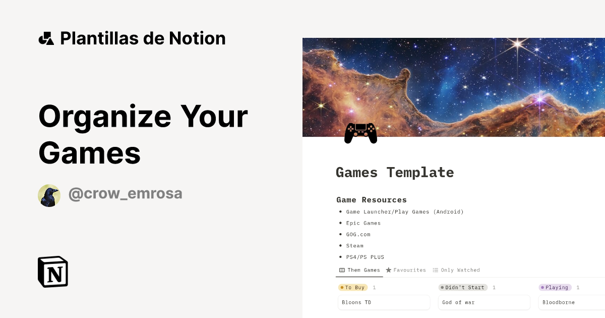 Plantilla Organize Your Games de Em | Notion Marketplace