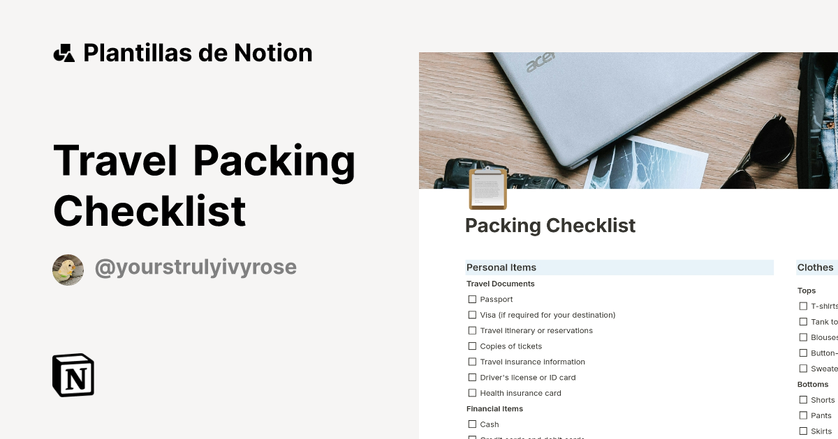 Plantilla Travel Packing Checklist | Notion Marketplace