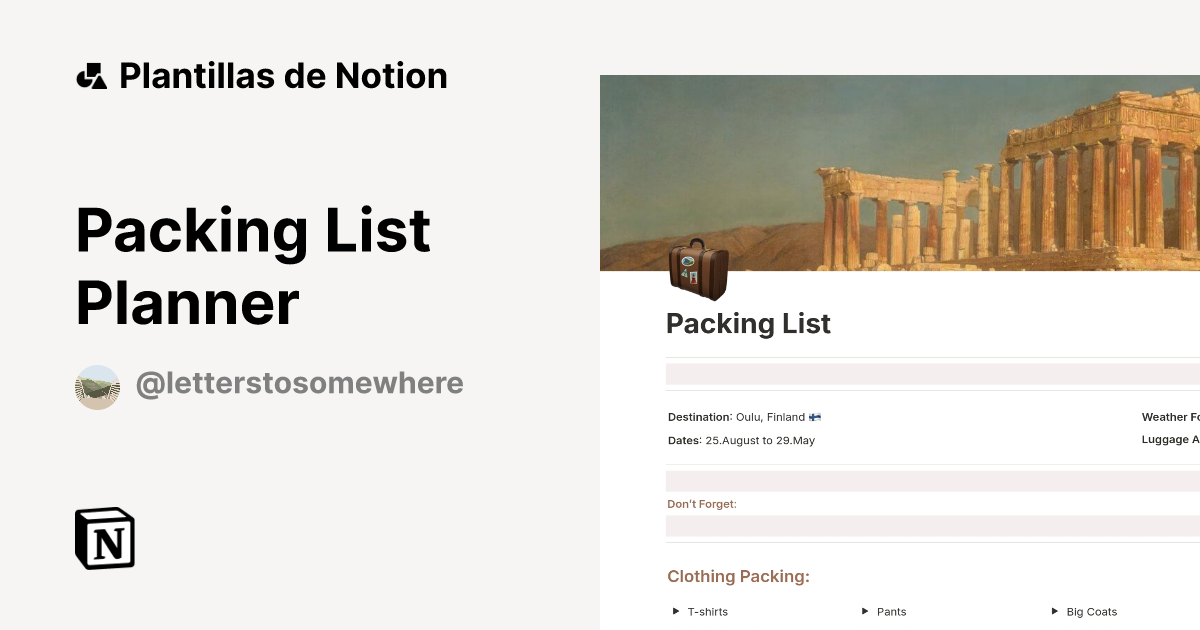 Plantilla Packing List Planner de Letters To Somewhere | Notion Marketplace