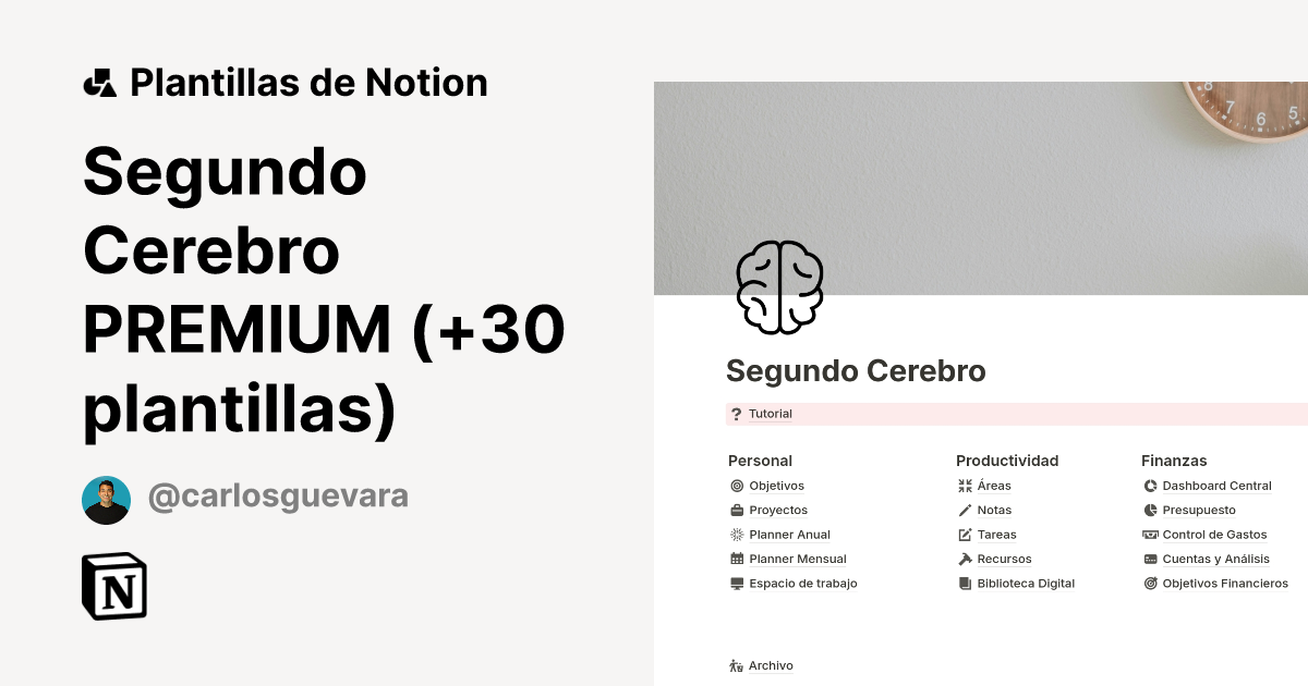 Plantilla Segundo Cerebro PREMIUM (+30 plantillas) de Carlos Guevara | Notion Marketplace