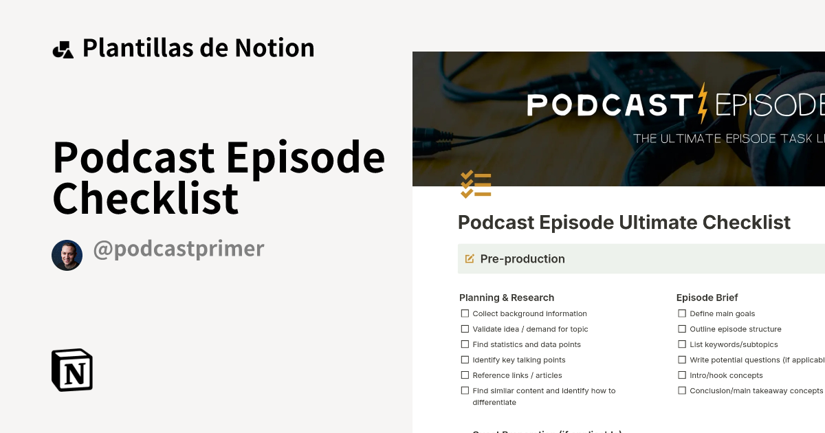 Plantilla Podcast Episode Checklist de Jacob Bozarth | Notion Marketplace