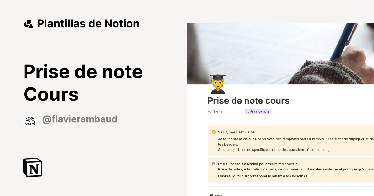 Plantilla 📝 Prise de note Cours de Flavie Rambaud | Notion Marketplace