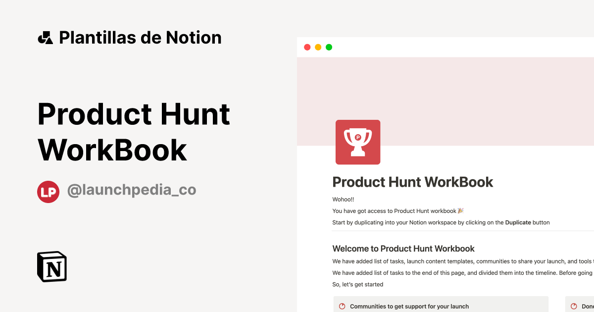 Plantilla Product Hunt WorkBook de LaunchPedia | Notion Marketplace