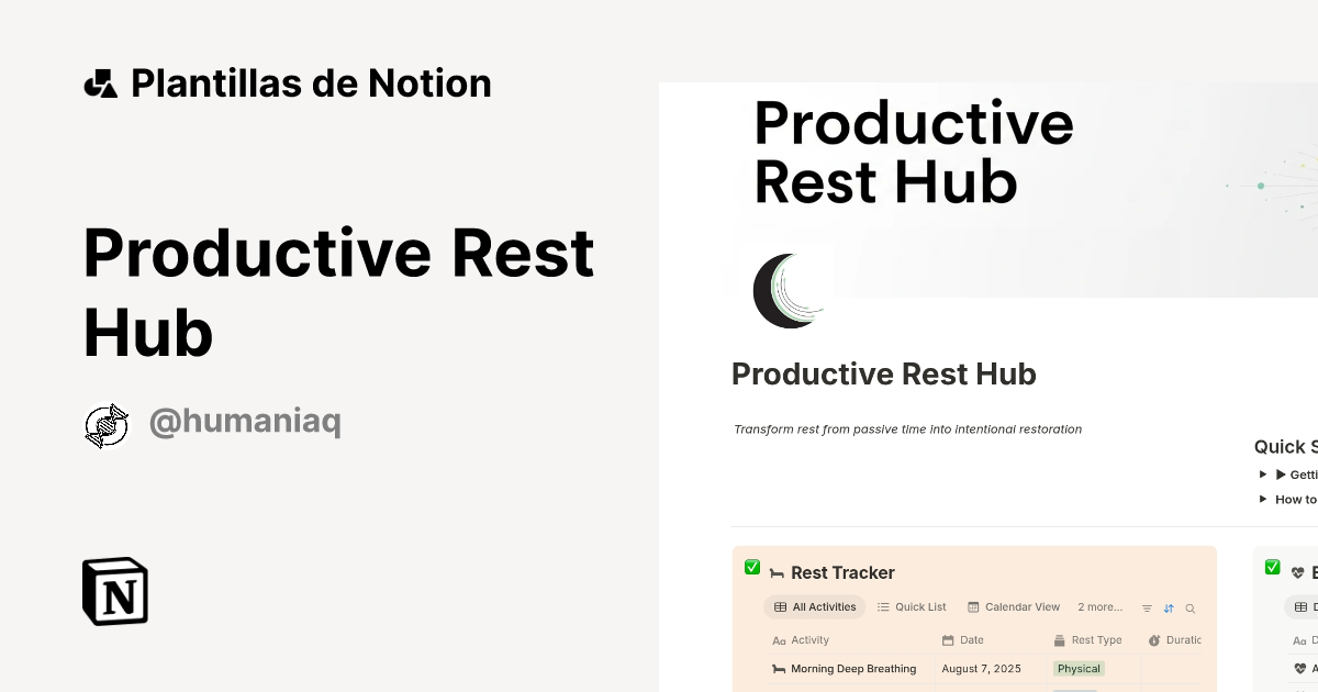 Plantilla Productive Rest Hub de Humaniaq | Notion Marketplace