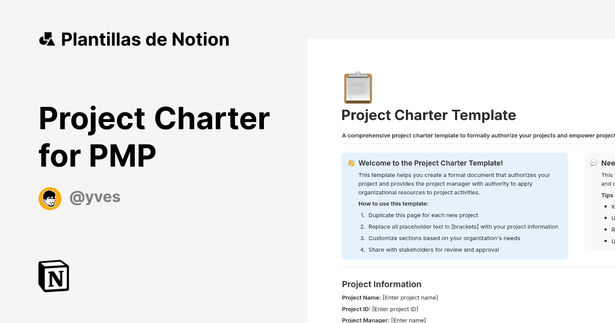 Plantilla Project Charter for PMP de Yves | Notion Marketplace