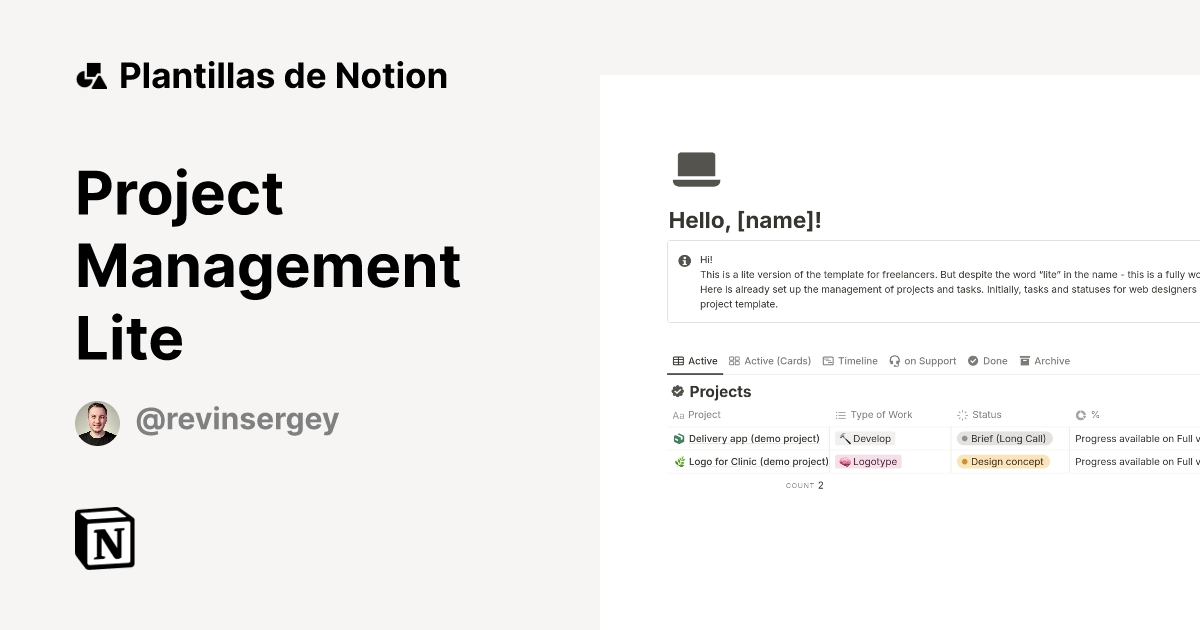 Plantilla Project Management Lite de Sergey Revin | Notion Marketplace