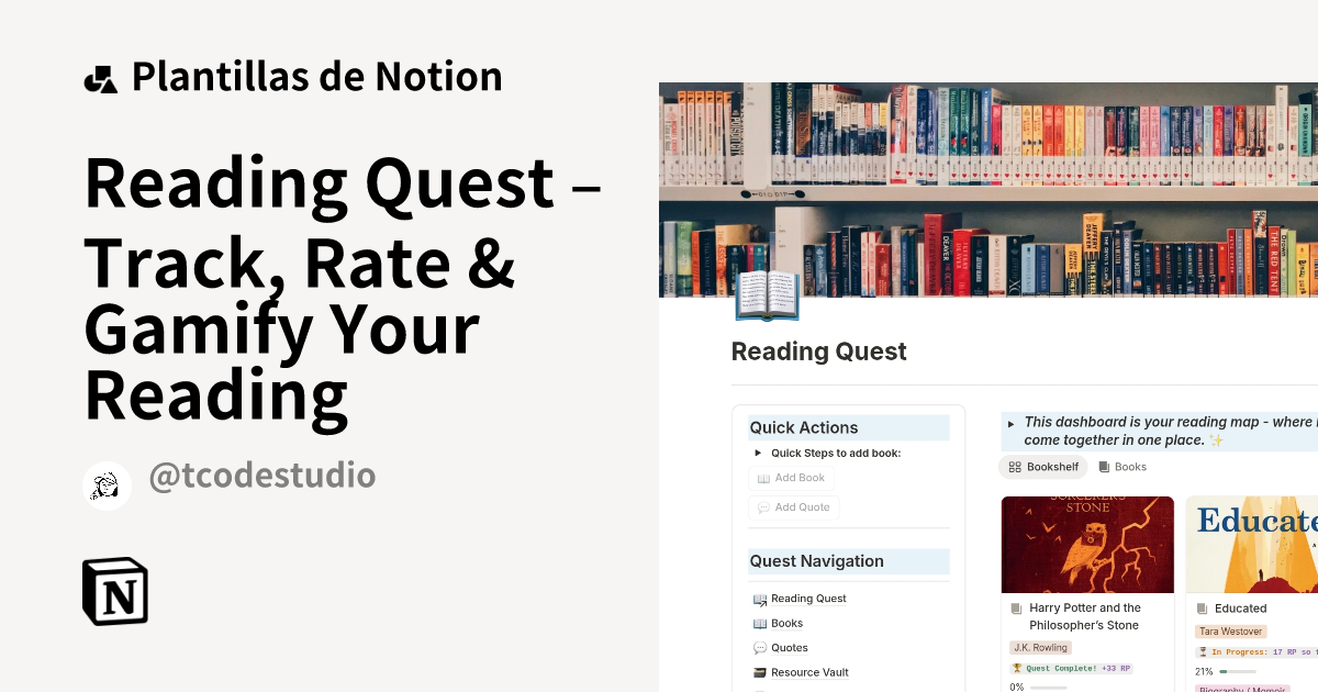 Plantilla Reading Quest – Track, Rate & Gamify Your Reading | Notion ...