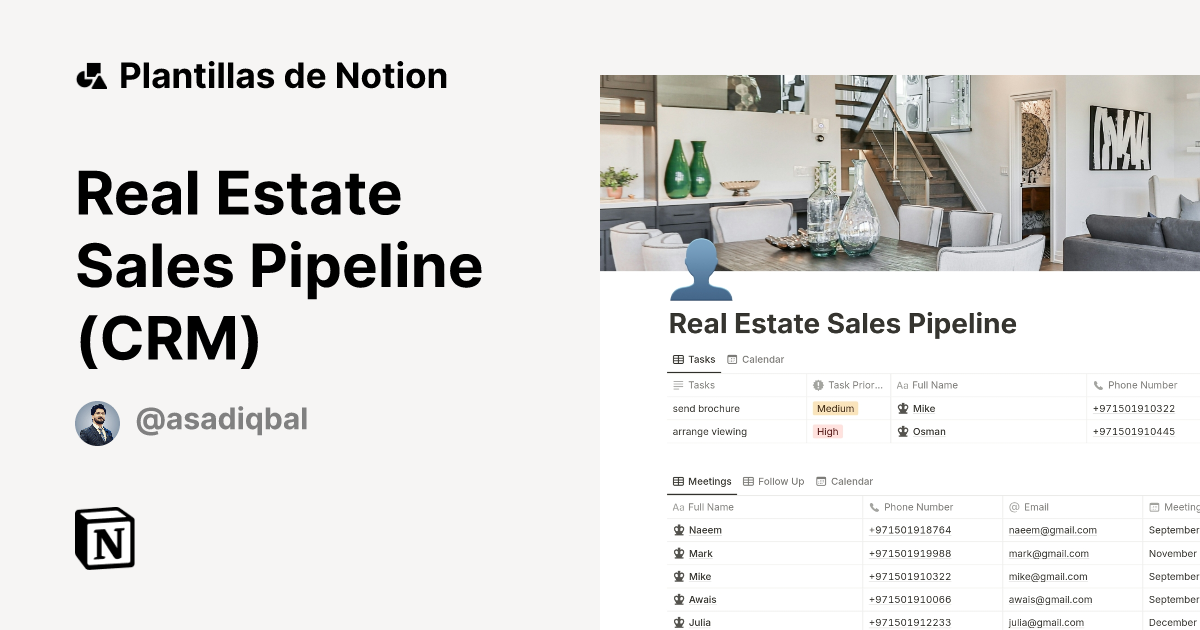 Plantilla Real Estate Sales Pipeline (CRM) de Asad Iqbal | Notion Marketplace