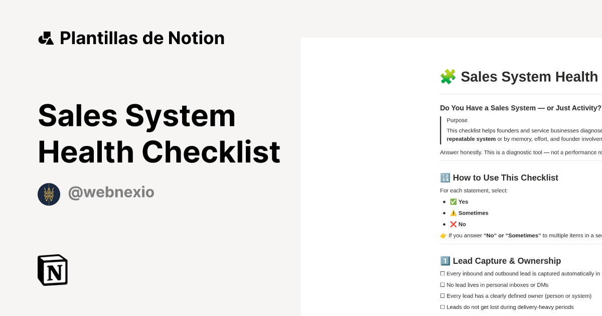 Plantilla Sales System Health Checklist de Webnexio | Notion Marketplace