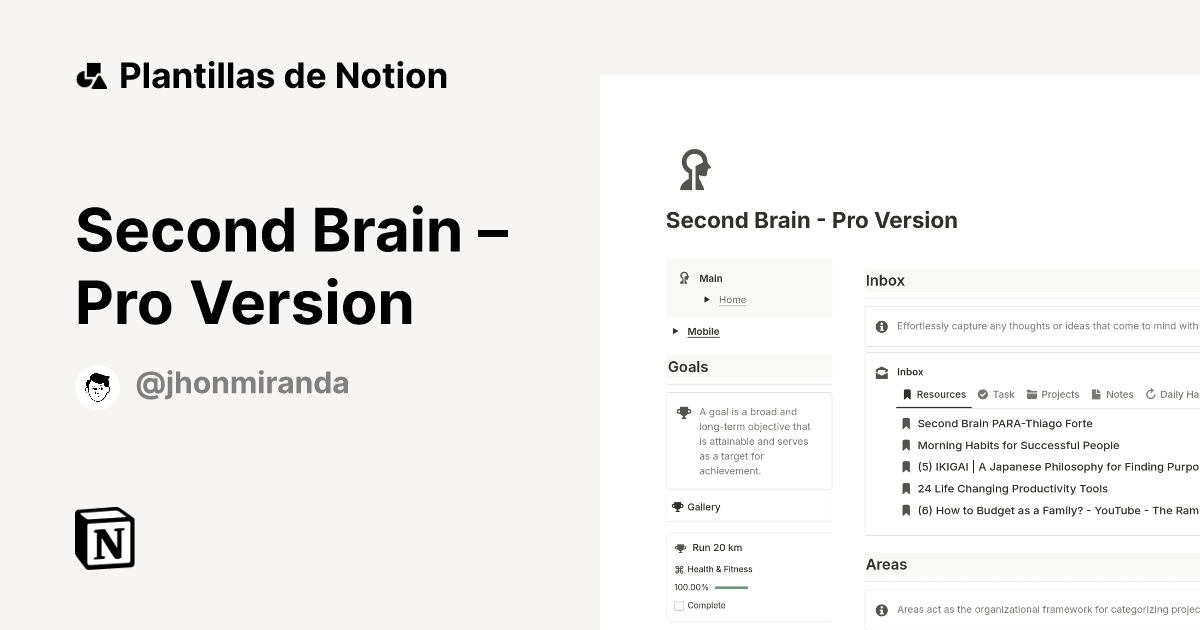Plantilla Second Brain – Pro Version de Jhon Miranda | Notion Marketplace