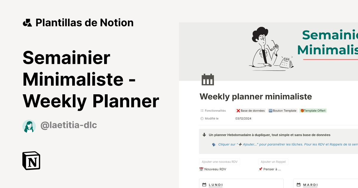Plantilla Semainier Minimaliste - Weekly Planner | Notion Marketplace