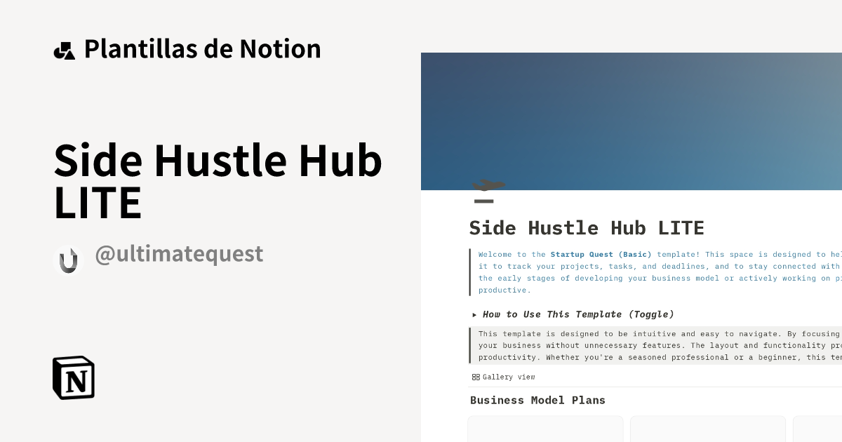 Plantilla Side Hustle Hub LITE de UltimateQuest | Notion Marketplace
