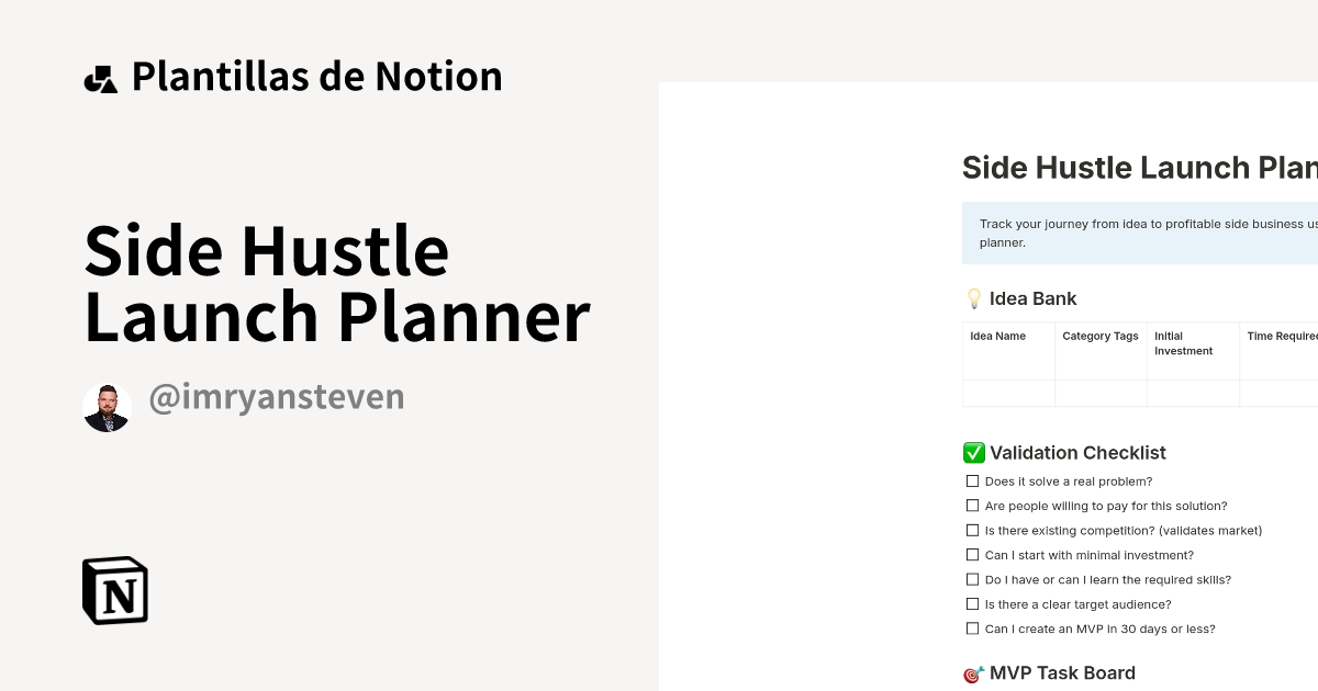Plantilla Side Hustle Launch Planner | Notion Marketplace