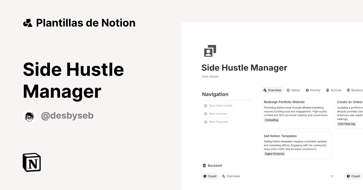 Plantilla Side Hustle Manager de desbyseb | Notion Marketplace