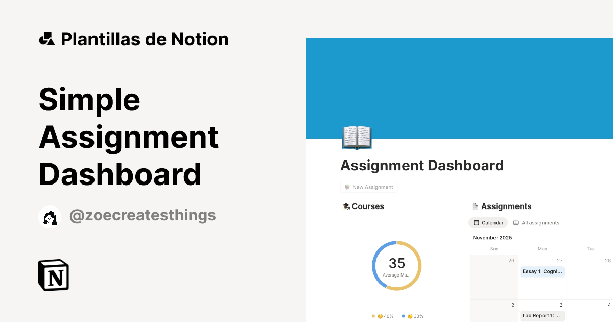 Plantilla Simple Assignment Dashboard de Zoe | Notion Marketplace