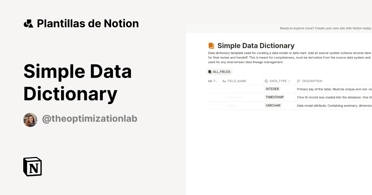 Plantilla Simple Data Dictionary de Tera Earlywine | Notion Marketplace