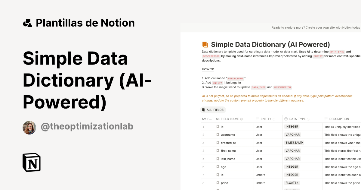Plantilla Simple Data Dictionary (AI-Powered) | Notion Marketplace