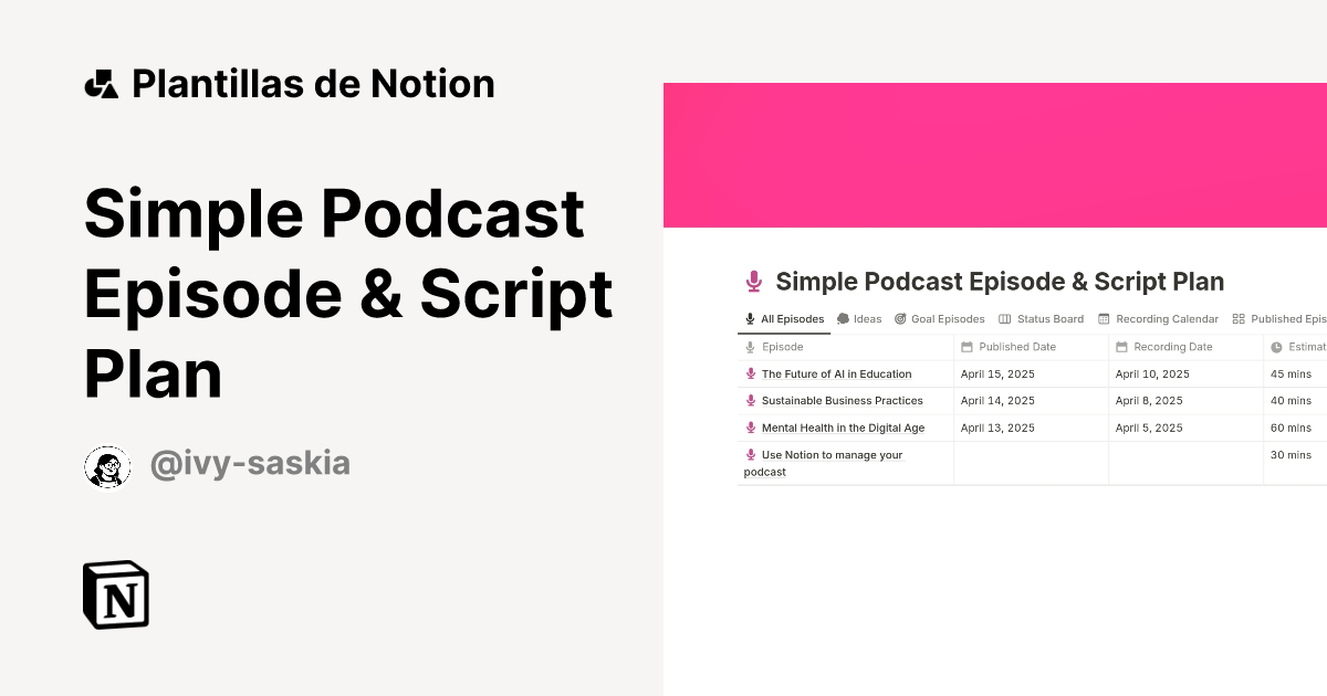Plantilla Simple Podcast Episode & Script Plan | Notion Marketplace
